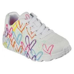 Sneaker Skechers "JGoldcrown: Uno Lite - Spread the Love", Damen, Gr. 34, bunt (wei&szlig;, multi), Lederimitat, Glitzer, Schuhe Sneaker, Chunky Sneaker, Pleatausneaker, Retro Sneaker mit allover Print