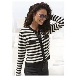 Strickjacke Lascana, Damen, Gr. 32/34, schwarz-wei&szlig; (schwarz, wei&szlig; gestreift), Strick, Obermaterial: 89% Polyacryl, 6% Polyester, 5% Elasthan, gestreift, figurbetont h&uuml;ftlang, Rundhals, Strickjacken Strickjacke, mit Streifenmuster, Kontrastb&uuml;ndchen, markante Knopfleiste