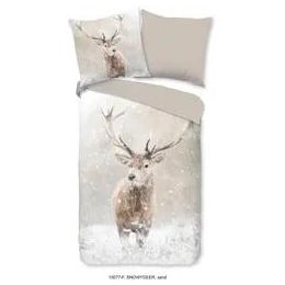 Wendebettw&auml;sche Good Morning "Snowydeer", beige (sand), B/L: 155cm x 220cm, 1 Stk., 1 Stk., Flanell, B/L: 80cm x 80cm, 2 Stk., Flanell, Obermaterial: 100% Baumwolle, Bettw&auml;sche, Wendebettw&auml;sche, Flanell, Biber, Baumwolle, Winter, Warm, Wendeoptik, Reh, Hirsch, Sand