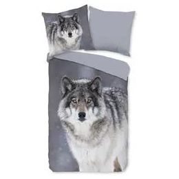 Wendebettw&auml;sche Good Morning "Wolfie", grau, B/L: 200cm x 200cm, 1 Stk., 2 Stk., Flanell, B/L: 80cm x 80cm & 80cm x 80cm, 3 Stk., Flanell, Obermaterial: 100% Baumwolle, Bettw&auml;sche, Wendebettw&auml;sche, Flanell, Biber, Winter, Warm, Rei&szlig;verschluss, Wendeoptik, Wolf, Grau