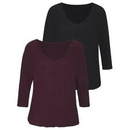 3/4-Arm-Shirt Lascana "mit zarter Raffung am Ausschnitt", Damen, Gr. 40/42, lila (aubergine, schwarz), Jersey, Obermaterial: 95% Viskose (LENZINGTM ECOVEROTM), 5% Elasthan, unifarben, Basic, figurumspielend normal, V-Ausschnitt, angeschnitten, Shirts 3/4-Arm-Shirt, aus weichem Viskose-Stretch, Topseller