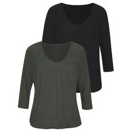 3/4-Arm-Shirt Lascana "mit zarter Raffung am Ausschnitt", Damen, Gr. 36/38, gr&uuml;n (graugr&uuml;n, schwarz), Jersey, Obermaterial: 95% Viskose (LENZINGTM ECOVEROTM), 5% Elasthan, unifarben, Basic, figurumspielend normal, V-Ausschnitt, angeschnitten, Shirts 3/4-Arm-Shirt, aus weichem Viskose-Stretch, Topseller