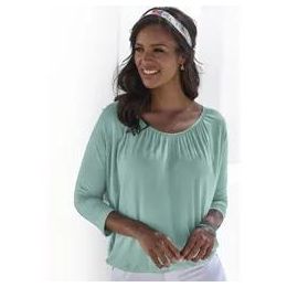 3/4-Arm-Shirt Lascana "mit zarter Raffung am Ausschnitt", Damen, Gr. 40/42, gr&uuml;n (mint), Jersey, Obermaterial: 95% Viskose (LENZINGTM ECOVEROTM), 5% Elasthan, unifarben, Basic, figurumspielend normal, V-Ausschnitt, angeschnitten Umschlagsaum, Shirts 3/4-Arm-Shirt, aus weichem Viskose-Stretch