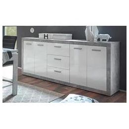 HBZ-MEBLE Sideboard HBZ "Stone wei&szlig; Hochglanz, Wohnzimmerschrank BxHxT 206x90x45 cm", grau (beton, wei&szlig;), B:206cm H:90cm T:45cm, Holzwerkstoff, Sideboards, Sideboard, Mit 4 T&uuml;ren, 3 ger&auml;umigen Schubk&auml;sten, 2 Einlegeb&ouml;den verstellbar