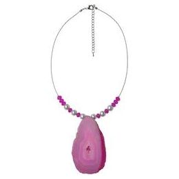 Kette mit Anh&auml;nger Steuer "Drahtcollier silberfarben Perlen wei&szlig; und Achatscheibe pink", pink, Halsketten, Damen, 58cm, Metall, L: 58, gl&auml;nzend