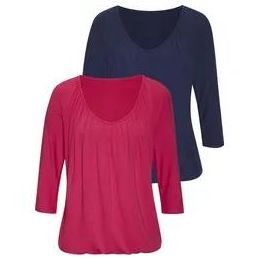 3/4-Arm-Shirt Lascana "mit zarter Raffung am Ausschnitt", Damen, Gr. 48/50, pink (pink, navy), Jersey, Obermaterial: 95% Viskose (LENZINGTM ECOVEROTM), 5% Elasthan, unifarben, Basic, figurumspielend normal, V-Ausschnitt, angeschnitten, Shirts 3/4-Arm-Shirt, aus weichem Viskose-Stretch, Topseller
