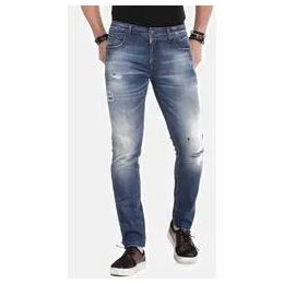 Cipo & Baxx Slim-fit-Jeans CIPO & BAXX "Jeans", Damen, Gr. 32, L&auml;nge 34, blau, 99% Baumwolle, 1% Elasthan, unifarben, slim fit lang, Jeans Slim-fit-Jeans, im Destroyed-Look, CD-475