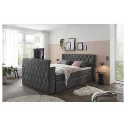 Boxspringbett ED EXCITING DESIGN "Springdale", grau (anthrazit), B:203cm L:243cm, 100% Polyester, Komplettbetten, Boxspringbett, mit Bettkasten, motorisierter TV-Halterung, Duo-Matratze (H3/H4)