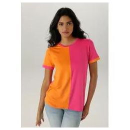 T-Shirt Aniston SELECTED, Damen, Gr. 44, pink (pink, orange), Single Jersey, Obermaterial: 95% Viskose, 5% Elasthan, figurumspielend h&uuml;ftbedeckend, Rundhals, Shirts T-Shirt, mit trend- und farbstarken Colorblock