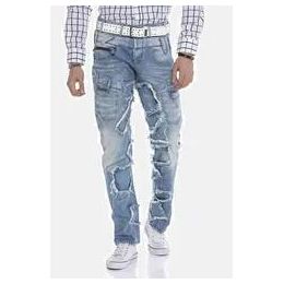 Cipo & Baxx Straight-Jeans CIPO & BAXX "DENIM", Herren, Gr. 34, L&auml;nge 34, blau (iceblau), 100% Baumwolle, unifarben, figurumspielend lang, Jeans Straight-Jeans, bequeme Jeans im trendigen Patchwork-Design, CD617