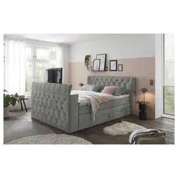 Boxspringbett ED EXCITING DESIGN "Springdale", grau, B:203cm L:243cm, 100% Polyester, Komplettbetten, Boxspringbett, mit Bettkasten, motorisierter TV-Halterung, Duo-Matratze (H3/H4)