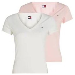 Tommy Hilfiger T-Shirt TOMMY JEANS "TJW 2PACK V-NECK TEE", Damen, Gr. XS (34), rosa (ecru, precious pink), Jersey, Obermaterial: 100% Baumwolle, unifarben, regular fit h&uuml;ftlang, V-Ausschnitt, abgesteppt, Shirts T-Shirt, mit Logostickerei