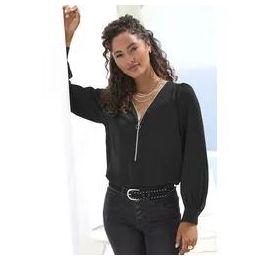 Langarmbluse Lascana, Damen, Gr. 40, schwarz, Web, Obermaterial: 100% Polyester, unifarben, figurumspielend h&uuml;ftlang, V-Ausschnitt, 1-Knopf-Manschette, Blusen, mit Rei&szlig;verschlussdetail, elegante Damenbluse