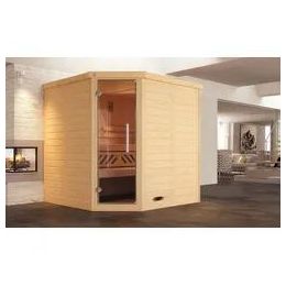Sauna Weka "Design-Sauna KEMI Eck 1", beige (natur), ohne Ofen, ohne Steuerung, (ohne Ofen), Saunen, naturbelassenes Fichtenholz, moderne Glast&uuml;r