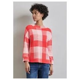 Rollkragenshirt Street One, Damen, Gr. 42, rot (mandarin rot), Stoff, 65% Nylon, 20% Polyester, 15% Viskose, kariert, normal normal, hoch geschlossener Ausschnitt, B&uuml;ndchen, Shirts, mit 3/4 &Auml;rmeln