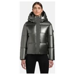 Steppjacke Khujo "Devina Shiny-YM", Damen, Gr. M (38), grau (mittelgrau), Obermaterial: 50% Polyurethan, 50% Polyester. Futter: 100% Nylon. Wattierung: 100% Polyester, weit h&uuml;ftbedeckend, hoch geschlossener Ausschnitt, &Auml;rmel ohne &Auml;rmelschlitz normaler Saum, Jacken Steppjacke, Gl&auml;nzende kurze Winterjacke f&uuml;r Damen