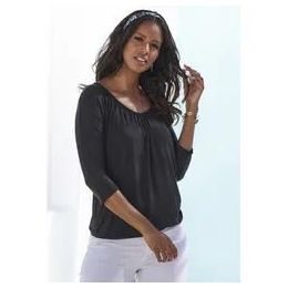 3/4-Arm-Shirt Lascana "mit zarter Raffung am Ausschnitt", Damen, Gr. 32/34, schwarz, Jersey, Obermaterial: 95% Viskose (LENZINGTM ECOVEROTM), 5% Elasthan, unifarben, Basic, figurumspielend normal, V-Ausschnitt, angeschnitten Umschlagsaum, Shirts 3/4-Arm-Shirt, aus weichem Viskose-Stretch