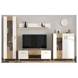 Wohnzimmer-Set Inosign "Bretagna Wohnwand, Mediawand, Anbauwand, TV-Wand, Breite 302 cm", beige, B:301,5cm H:202,5cm T:41,5cm, Glas, Hartfaserplatte, Kunststoff, MDF, Metall, Spanplatte, Kastenm&ouml;bel-Sets, Set besteht aus 2 Vitrinen, TV-Board und Wandregal, in Artisan Eiche