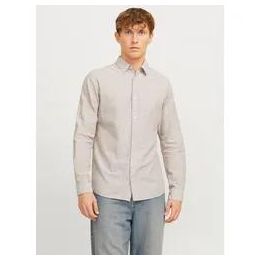 Jack & Jones Langarmhemd JACK & JONES "JJEBREEZE SHIRT LS SN", Herren, Gr. L, N-Gr, beige (crockery), Web, Obermaterial: 70% Baumwolle, 30% Leinen, unifarben, slim fit taillenbedeckt, ohne Ausschnitt, Manschette, Hemden, mit Hemdkragen