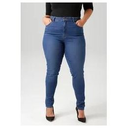 Skinny-fit-Jeans ANISTON PLUS, Damen, Gr. 50, N-Gr, blau (dunkelblau), Denim/Jeans, Obermaterial: 81% Baumwolle, 17% Polyester, 2% Elasthan, Abriebeffekte, unifarben, figurumspielend kn&ouml;chellang, Jeans, regular waist - in dezenter Used-Waschung - NEUE KOLLEKTION