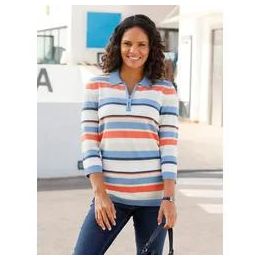 Polokragenpullover Casual Looks "Pullover", Damen, Gr. 38, bunt (jeansblau, koralle, geringelt), 50% Baumwolle, 50% Polyacryl, gemustert, gestreift, mehrfarbig, Pullover