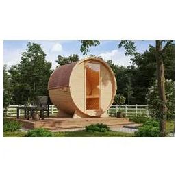 Saunahaus Karibu "Set 1", beige (naturbelassen), Bio-Kombiofen, externe Steuerung, 9 kW, Saunen, naturbelassen, mit Ofen