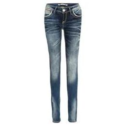 Cipo & Baxx Slim-fit-Jeans CIPO & BAXX "Jeans", Damen, Gr. 31, L&auml;nge 34, blau, 86% Baumwolle, 10% Elasthan, 4% Polyester, unifarben, slim fit lang, Jeans Slim-fit-Jeans, mit auff&auml;llig farbigen Ziern&auml;hten, WD256