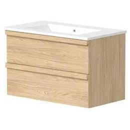 Waschtisch Welltime "Pure Badm&ouml;bel Set Waschbecken mit Unterschrank", beige (light oak, eiche), B:81cm H:51,8cm T:46,5cm, Waschtische, Waschtisch, in verschiedenen Breiten, 2 Schubladen, mit Soft-Close-Funktion, FSC