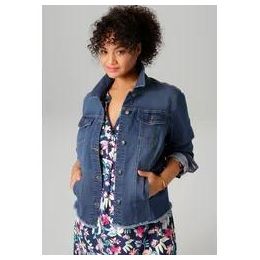Jeansjacke ANISTON PLUS, Damen, Gr. 48, blau, Denim/Jeans, Obermaterial: 98% Baumwolle, 2% Elasthan, Abriebeffekte, unifarben, figurumspielend h&uuml;ftlang, 1-Knopf-Manschette, Jacken Jeansjacke, mit ausgefranstem Saum, Topseller