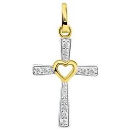 Kreuzanh&auml;nger Firetti "Schmuck Geschenk Gold 375 Halsschmuck Anh&auml;nger Kreuz mit Herz", gold (gelbgoldfarben, wei&szlig;goldfarbenkristallwei&szlig;, kristallwei&szlig;), Schmuckanh&auml;nger, Damen, Gelbgold 375, 1,3 g, mit Zirkonia (synth.)
