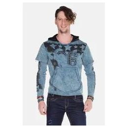 Cipo & Baxx Kapuzensweatshirt CIPO & BAXX "Sweatshirts", Herren, Gr. S, blau (indigo), 100% Baumwolle, bedruckt, slim fit normal, Rundhals, leicht ausgefranste Kante, Sweatshirts, im Lagenlook, CL-279