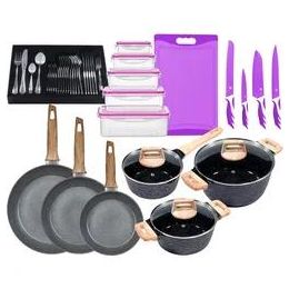 Topf-Set King "&raquo;ESSENTIAL&laquo; Aluminium, Induktion, Antihaftbeschichtung", lila (beere), 7,5 l, T&ouml;pfe, 3 Pfannen, 4 K&uuml;chenmesser, 1 Schneidebrett, 5 Vorratsdosen mit Deckel