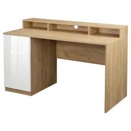 Schreibtisch OTTO HOME "Lund", wei&szlig; (eichefarben, wei&szlig; hochglanz, eichefarben, eichefarben), B:140cm H:75,7cm T:60cm, Tische, Schreibtisch, Monitoraufsatz, Hochglanzfronten, Breite 140 cm