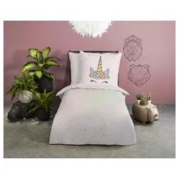 Kinderbettw&auml;sche "Mandy", rosa, B/L: 135cm x 200cm, 1 Stk., 1 Stk., Microfaser, B/L: 80cm x 80cm, 2 Stk., Microfaser, Obermaterial: 100% Polyester, PURE LUXURY COLLECTION, Bettw&auml;sche, Mikrofaser, 135x200, pflegeleicht, Wende, M&auml;dchen, Einhorn, Regenbogen