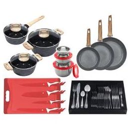 Topf-Set King "&raquo;ESSENTIAL&laquo; Aluminium, Induktion, Antihaftbeschichtung", rot, 7,5 l, T&ouml;pfe, 3 Pfannen, 4 K&uuml;chenmesser, 1 Schneidebrett, 3 Vorratsdosen mit Deckel