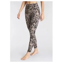 H.I.S. Leggings H.I.S, Damen, Gr. 36/38, N-Gr, braun (schwarz mit leodruck), Single Jersey, Obermaterial: 95% Baumwolle, 5% Elasthan, animal-print, bedruckt, Basic, Basic kn&ouml;chellang, Hosen Leggings, mit Leoprint, Loungewear