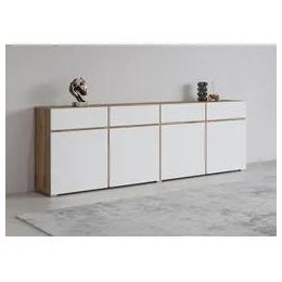 Sideboard OTTO HOME "Cross,Breite 225 cm, moderne grifflose Kommode,4 T&uuml;ren/4 Schubk&auml;sten", wei&szlig; (wotan eiche, wei&szlig;), B:225cm H:78,3cm T:40cm, FSC-zertifizierter Holzwerkstoff, Melamin, Sideboards, Sideboard, Schubladenschrank mit viel Stauraum, Einlegeb&ouml;den verstellbar, Topseller