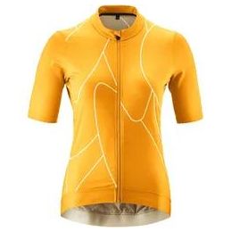 Radtrikot Gonso "Road Jersey Print W", Damen, Gr. 44, gold (goldfarben), 86% Polyester, 14% Elasthan, Rundhals, Trikots, Damen Fahrradtrikot kurzarm, Full-Zip Trikot, R&uuml;ckentasche, Slim Fit