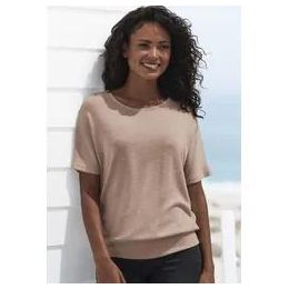 Kurzarmshirt Vivance "mit breitem Bund", Damen, Gr. 32/34, beige, Feinstrick, Obermaterial: 55% Polyester (REPREVE), 43% Viskose, 2% Elasthan, meliert, bequem normal, Rundhals, Shirts, aus weichem Viskose-Feinstrick
