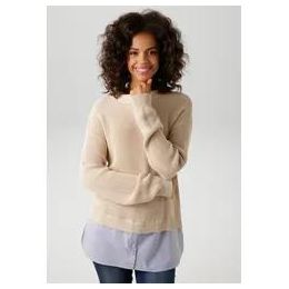 Strickpullover Aniston CASUAL, Damen, Gr. 42, blau (sand, marine, wei&szlig;), Strick, Obermaterial: 50% Baumwolle, 50% Polyacryl. Unteres Obermaterial: 100% Baumwolle, gestreift, unifarben, l&auml;ssig geschnitten Po-bedeckend, Rundhals, Strickb&uuml;ndchen, Pullover Strickpullover, mit gestreiftem Bluseneinsatz am Saum
