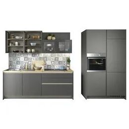 K&uuml;che KOCHSTATION "KS-Tokio, NEU wahlweise mit Kochfeldabzug und weiteren E-Ger&auml;ten", grau (k&uuml;che: grau, korpus: anthrazit, arbeitsplatte: asteiche nachbildung), B:340cm T:60cm, Komplettk&uuml;chen-Sets, vormontiert, wahlweise mit Beleuchtung & E-Ger&auml;ten, Breite 340 cm