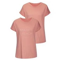 T-Shirt Vivance "mit modischem Frontprint", Damen, Gr. 36/38, orange (peach bedruckt, peach uni), Jersey, Obermaterial: 100% Baumwolle, bedruckt, unifarben, bequem normal, Rundhals, angeschnitten,mit Aufschlag Aufschlag, Shirts T-Shirt, aus weicher Baumwoll-Qualit&auml;t