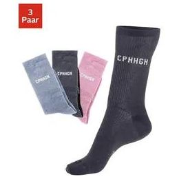 Basicsocken Copenhagen Studios, Damen, Gr. 35-38, grau (1x anthrazit, 1x rosa, 1x hell blau), Baumwollmischung, unifarben, elastisch, Socken, mit Rippstruktur und Stickerei