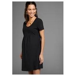 Umstandskleid Neun Monate "Kurzes Schwangerschafts-Jerseykleid, Minikleid", Damen, Gr. 40/42, N-Gr, schwarz, Jersey, Obermaterial: 95% Baumwolle, 5% Elasthan, unifarben, Basic ca. Mitte Knie, V-Ausschnitt, Kleider, Auschnitt in Wickeloptik