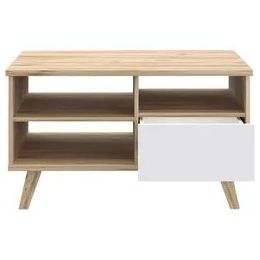 Couchtisch FORTE "Vankka Coffee Table", planked eiche, wei&szlig;, planked eiche, planked eiche, B:90cm H:51,1cm T:60cm, Tische, Couchtisch, 90 x 60 cm Schublade, offen F&auml;cher, Stauraun