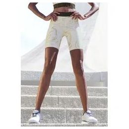 Funktionsshorts Lascana ACTIVE, Damen, Gr. L (44/46), N-Gr, gold (wei&szlig;, goldfarben), Obermaterial: 85% Polyester, 15% Elasthan, bedruckt, gemustert, gl&auml;nzend, eng ca. Mitte Oberschenkel, Hosen, mit gl&auml;nzendem 3D Schriftzug auf dem Bund