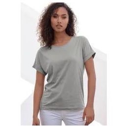 T-Shirt Copenhagen Studios "mit dezentem Logoprint hinten", Damen, Gr. XS (34), blau (dusty blau), Single Jersey, Obermaterial: 100% Baumwolle, unifarben, bequem, Rundhals, mit Aufschlag Aufschlag, Shirts T-Shirt, aus softer Jersey-Qualit&auml;t mit Bio-Baumwolle
