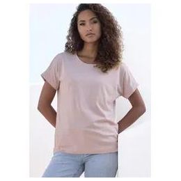 T-Shirt Copenhagen Studios "mit dezentem Logoprint hinten", Damen, Gr. XS (34), lila (soft violet), Single Jersey, Obermaterial: 100% Baumwolle, unifarben, bequem, Rundhals, mit Aufschlag Aufschlag, Shirts T-Shirt, aus softer Jersey-Qualit&auml;t mit Bio-Baumwolle