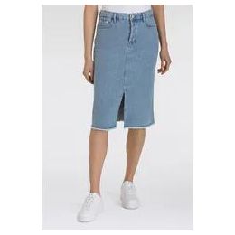 Midirock MAC "MIDI SKIRT fringe", Damen, Gr. S (36), clean light blau wash, Denim/Jeans, Obermaterial: 99% Baumwolle, 1% Elasthan, unifarben, regular fit kniebedeckend, R&ouml;cke, im Five-Pocket Style