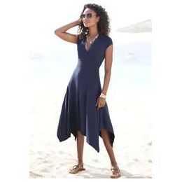 Beach Time Sommerkleid BEACHTIME, Damen, Gr. 36, N-Gr, blau (marine), Jersey, Obermaterial: 95% Viskose, 5% Elasthan, unifarben, figurbetont ca. Mitte Wade, V-Ausschnitt, Kleider Sommerkleid, mit Zipfelsaum und Schleife, Jerseykleid, asymmetrisches Rockteil